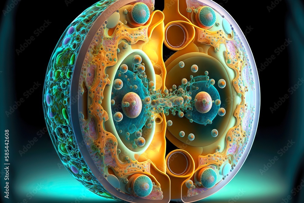 Abstract enlarged model of cell with nucleus in process of cell ...