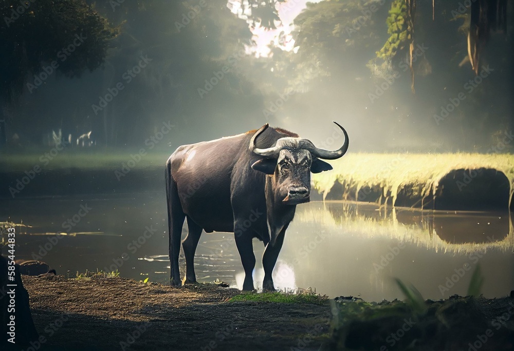 Big wild water buffalo in Kaziranga. Family of buffalos in the wild ...