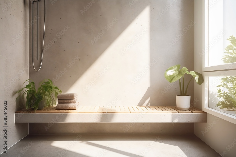 Concrete shower bench in modern, luxury beige gray bathroom, recessed ...