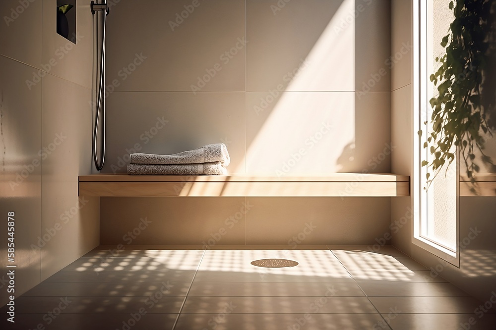Concrete shower bench in modern, luxury beige gray bathroom, recessed ...