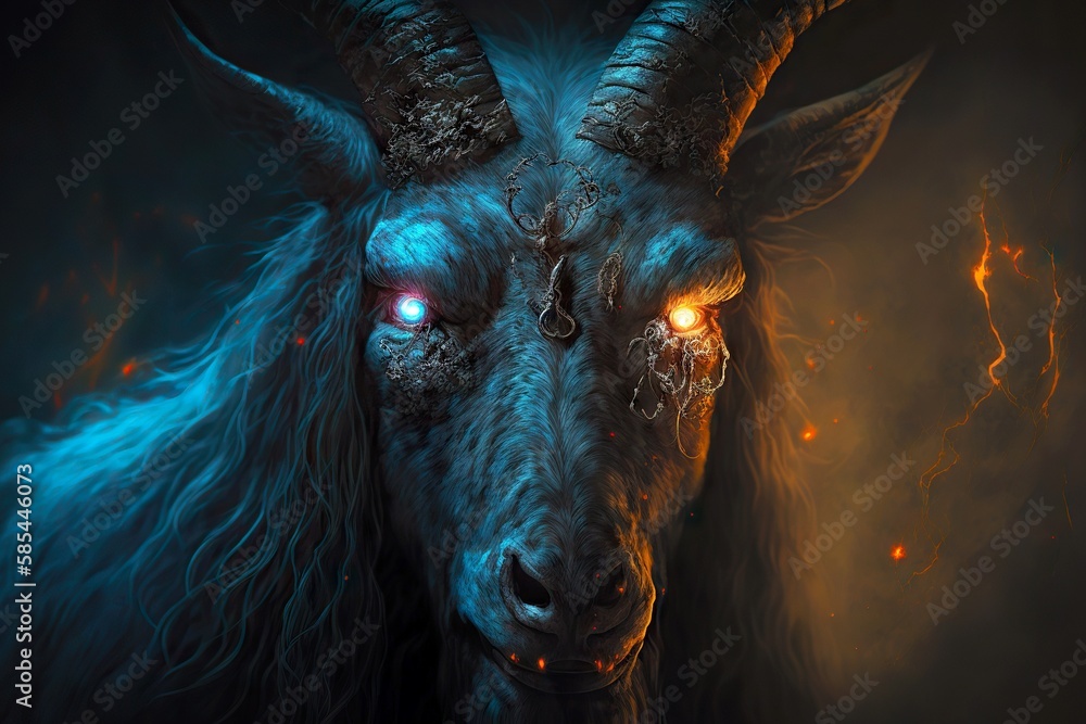 Incarnation of devil in form of goat with horns and evil eye, created ...