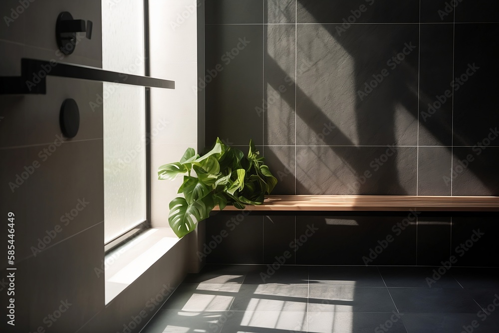 Concrete shower bench in modern, luxury black gray bathroom, recessed ...