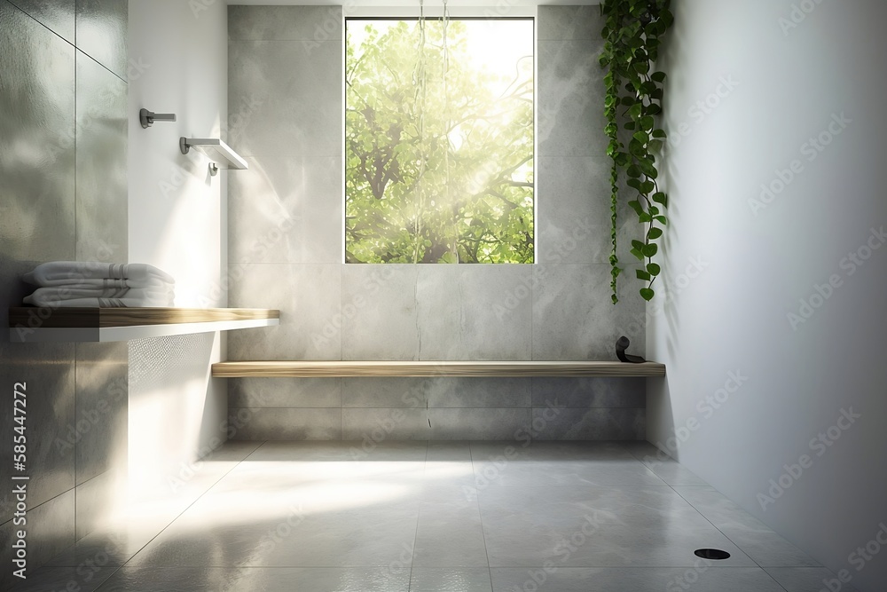 Concrete shower bench in modern, luxury light-grey gray bathroom ...