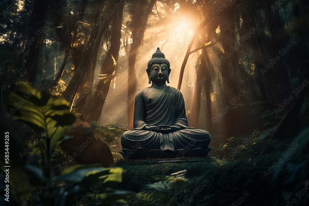 Poster Buddha in the forest with brilliant light like Jesus shape ...