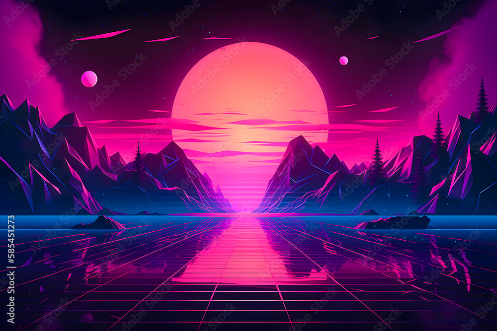 Retrowave sunset in low poly style illustration, Generative AI Stock ...