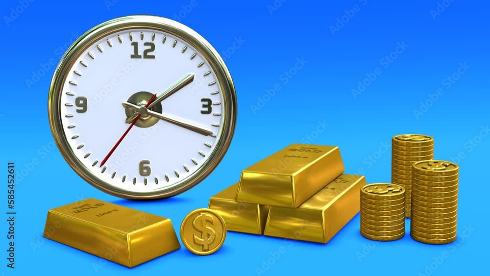 Animated 3d wall clock, coins and gold bars. 4k videos. Illustration of ...