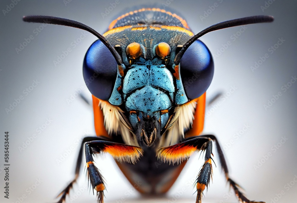 a close up of a blue and orange insect's face and wings with a white ...