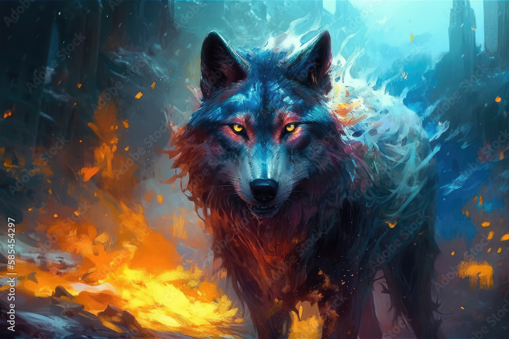 A wolf with a glowing face stands amidst a sea of flames and ice, its ...