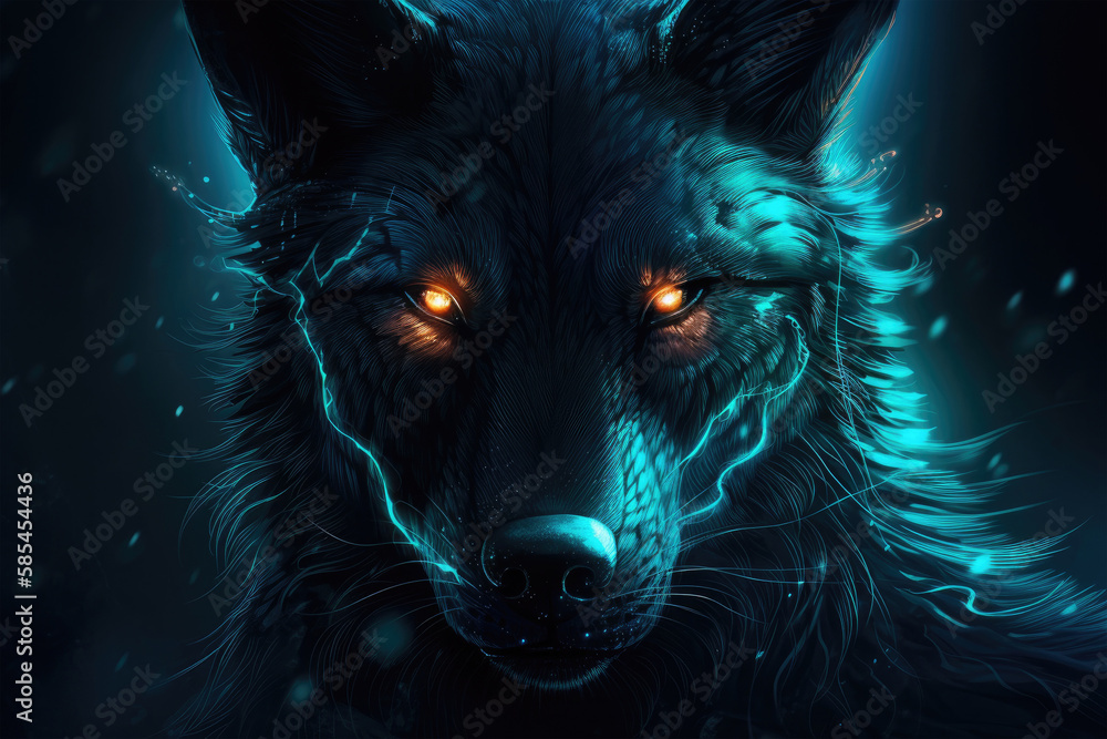 A wolf with an otherworldly aura prowls through the darkness, its eyes burning with blue fire ...
