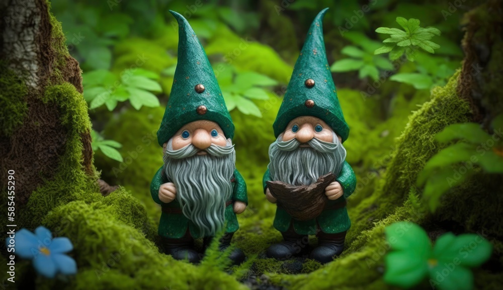 toy irish gnomes in mystery forest, abstract green natural background ...