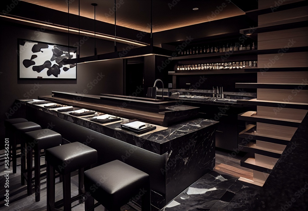 A modern sushi bar with sleek black marble counters, stainless steel ...