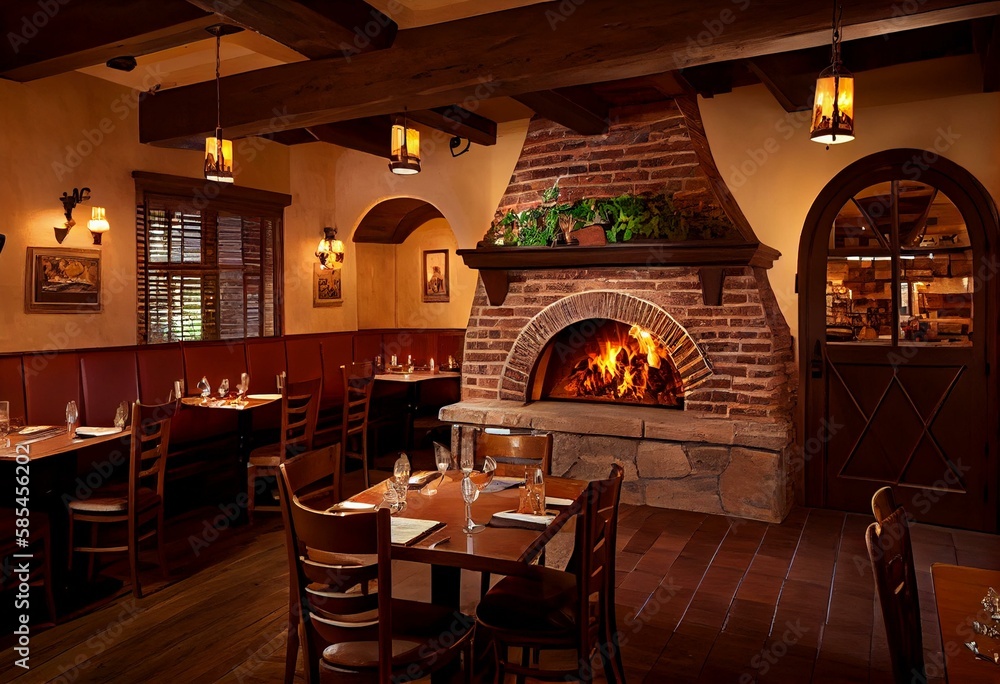 A rustic Italian restaurant with warm wood paneling, vintage lighting ...
