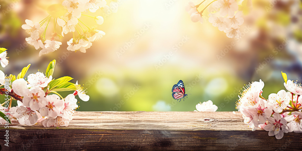 Spring background with empty wooden table. Natural template for product ...