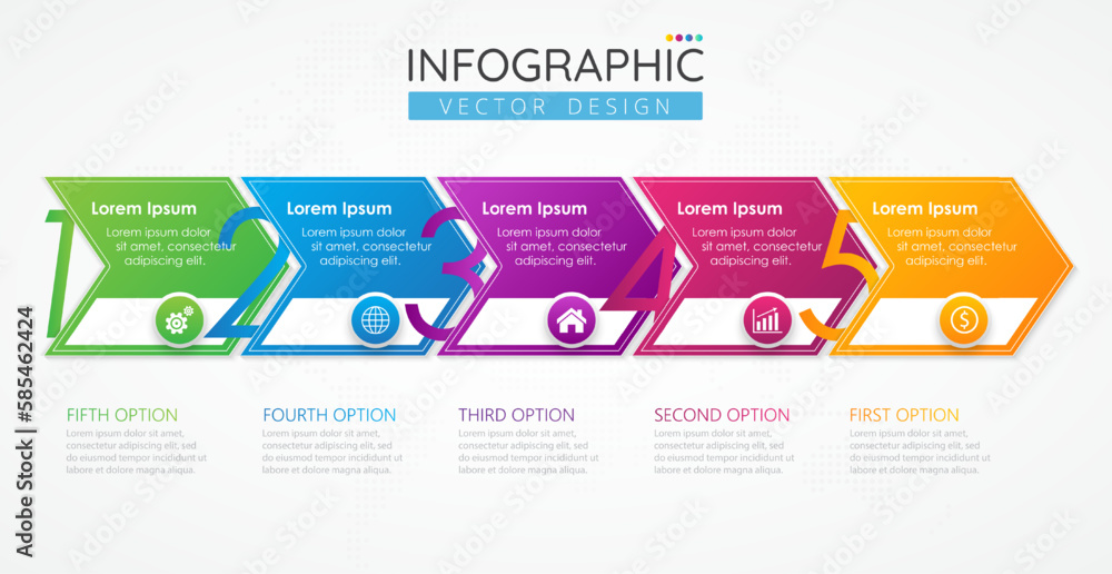 Infographic arrow design template with icons and 5 options or steps for ...
