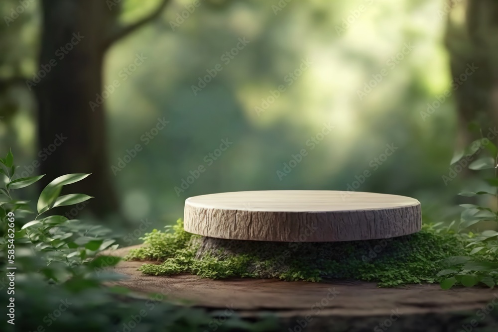 empty wooden tabletop podium in garden open forest, blurred green ...