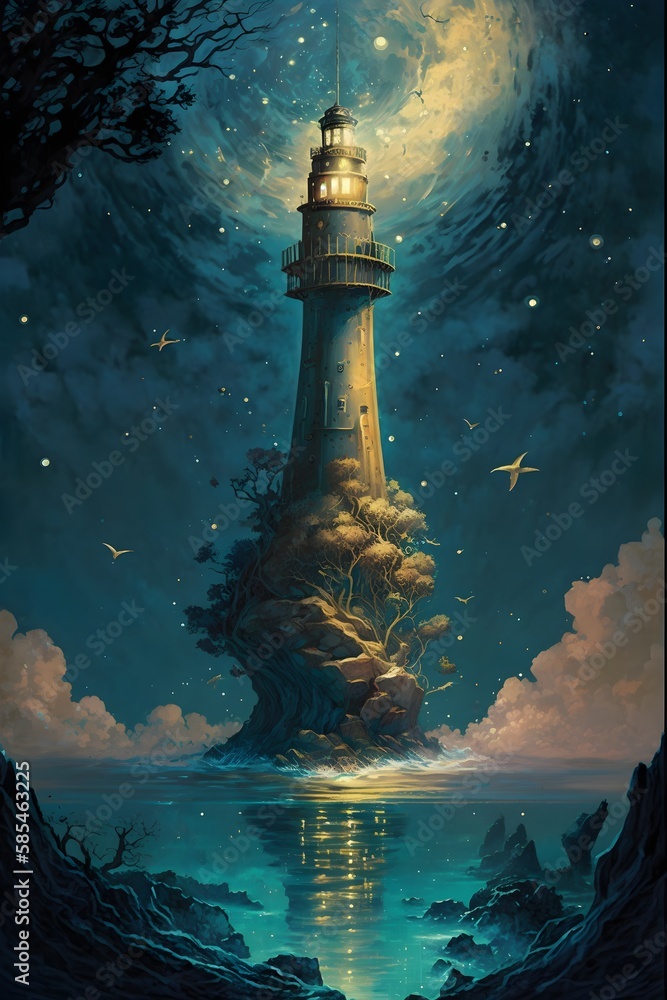 Lighthouse tower with a ray of light in the dark, painting art ...