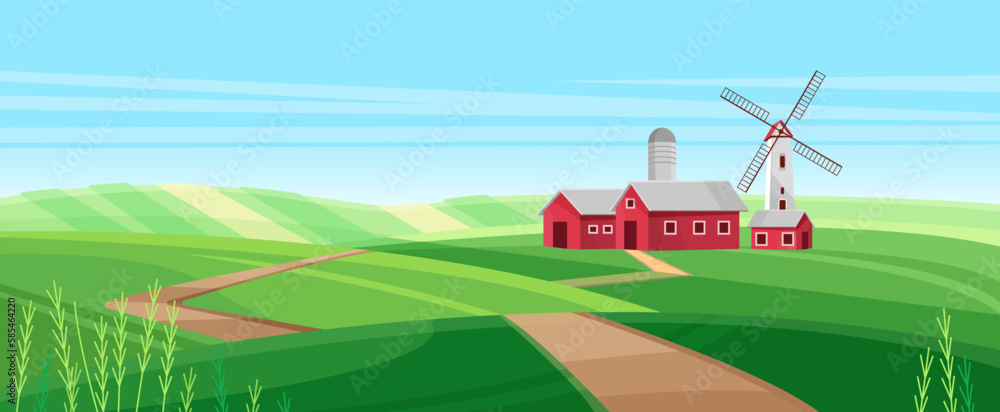Cartoon red barn, silo tower and wind power generator, rural road to ...