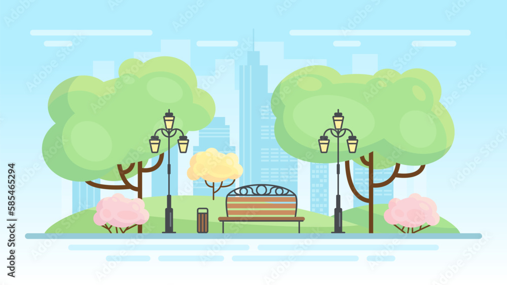 City park landscape in spring vector illustration. Cartoon sunny ...
