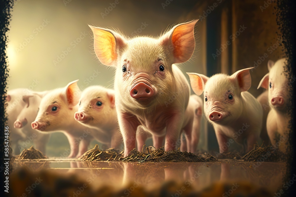 Piglet family in barn by trough on village farm, created with ...