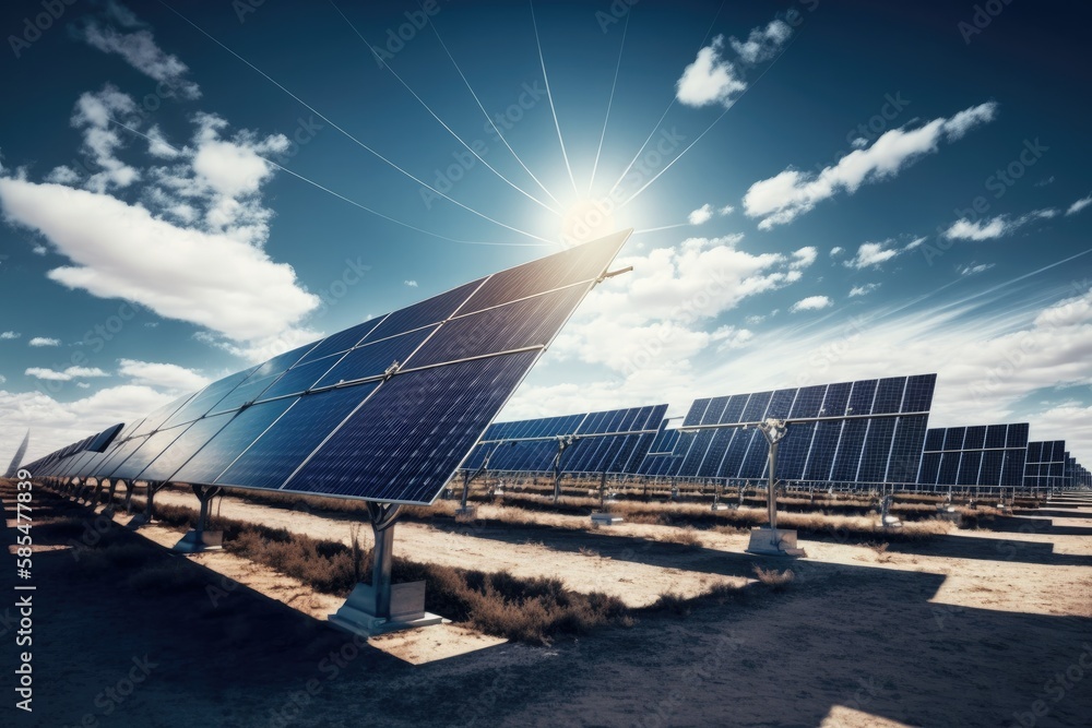 ภาพประกอบสต็อก Solar Farm. Green Fields Blue Sky, Sustainable Renewable ...