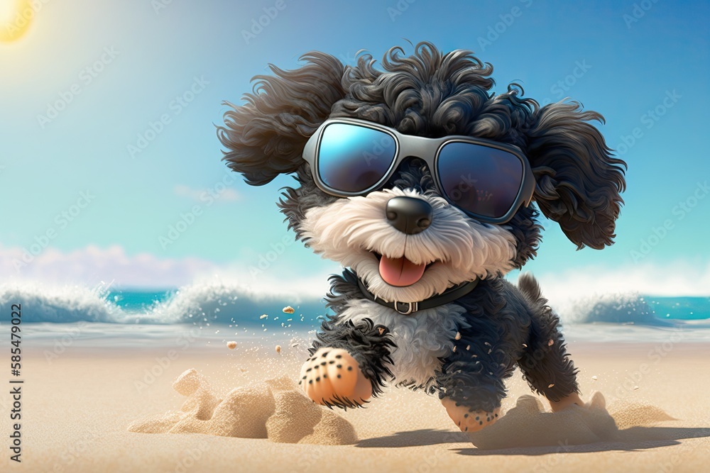 Cute Cartoon Aussie Doodle with Sunglasses Running Through the Sand at ...