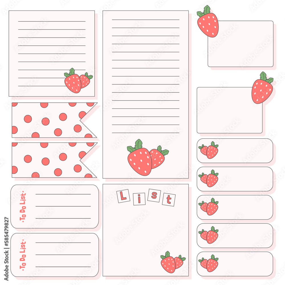 Cute blank paper notes with strawberry. Stationery organizer set ...