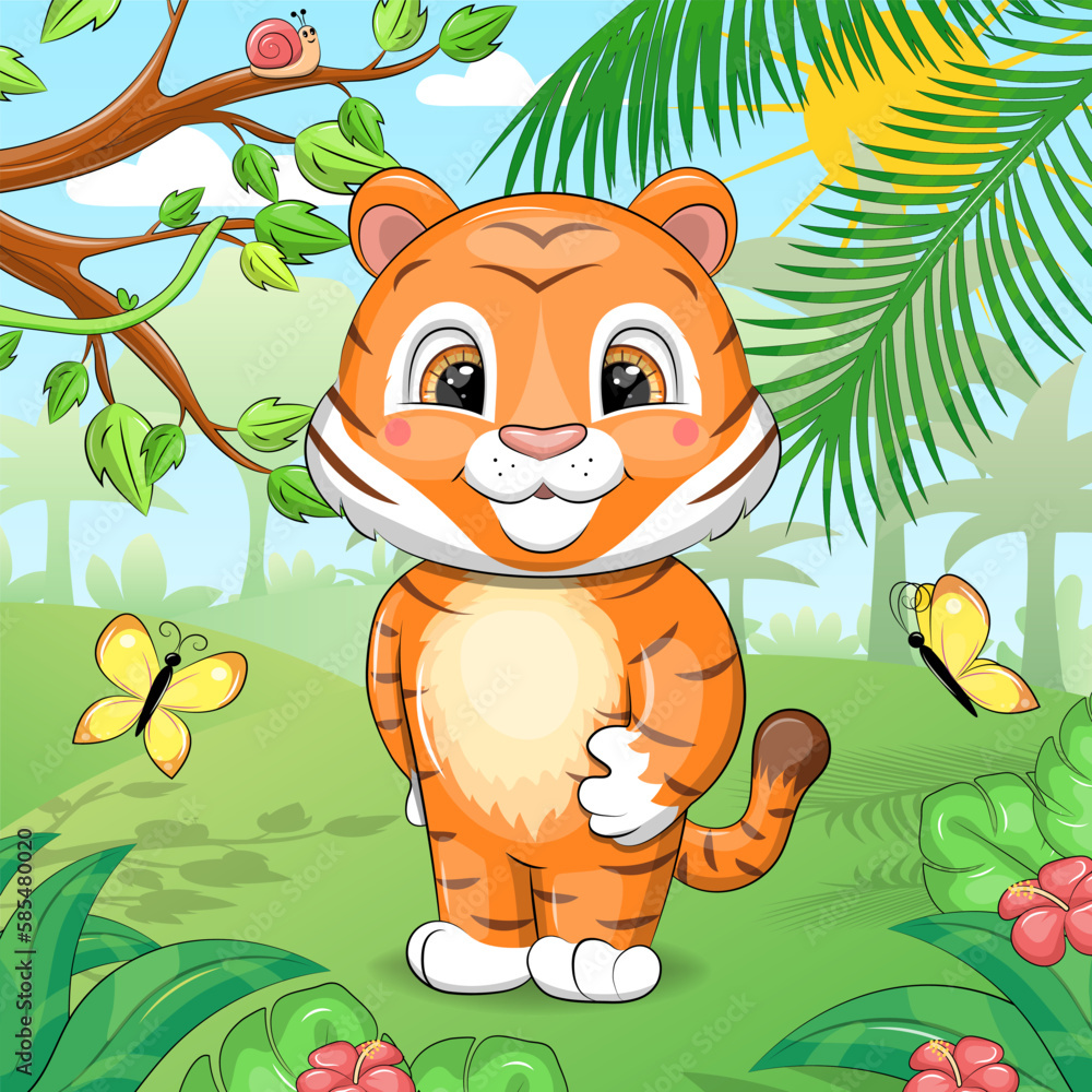 Cute cartoon tiger in nature. Vector illustration of an animal in a ...