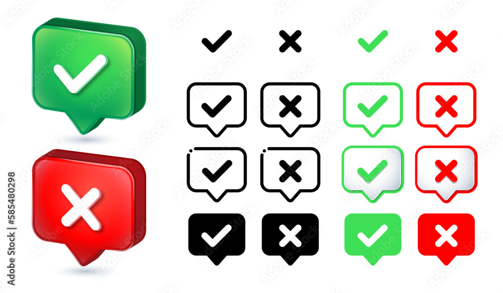 correct and incorrect sign on 3d checkmark icon button . Set check mark box frame with green ...
