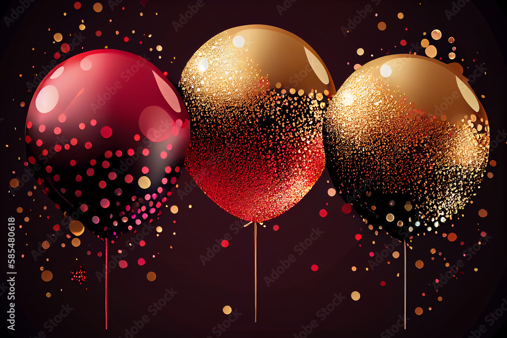 Set of golden and red metallic glossy colors balloons with strings with ...