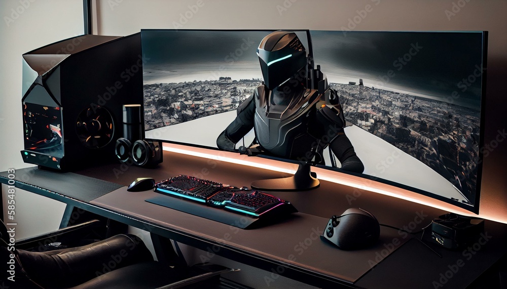 Create a sleek gaming setup with a curved monitor, RGB lighting, and a ...