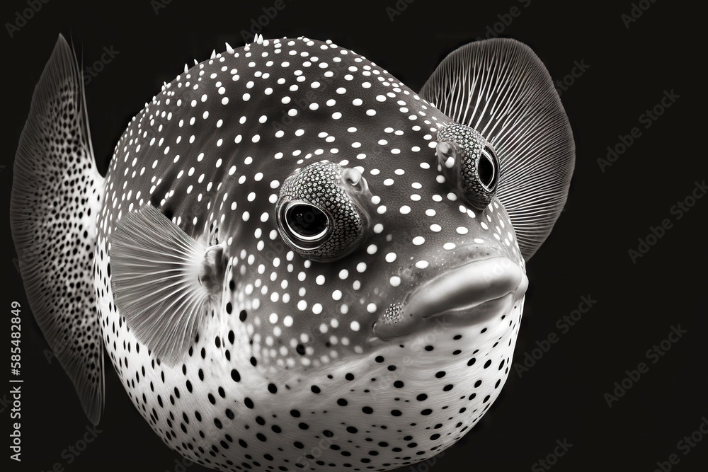 Black white photo of dangerous puffer fish with bulging eyes, created ...