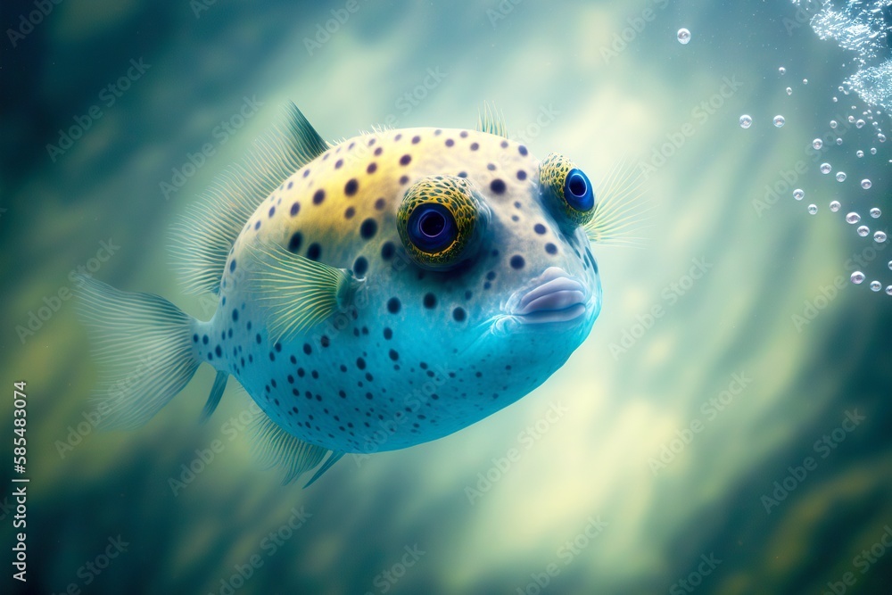 Floating in clear seawater puffer fish with bulging eyes, created with ...