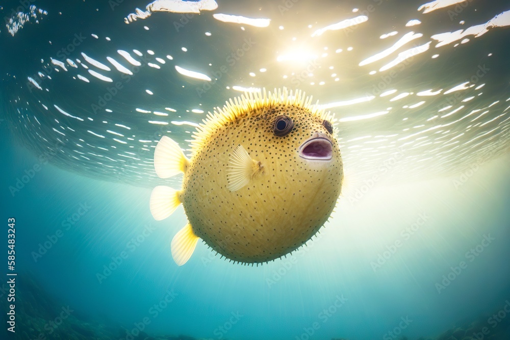 Swimming close to surface of sea dangerous puffer fish, created with ...