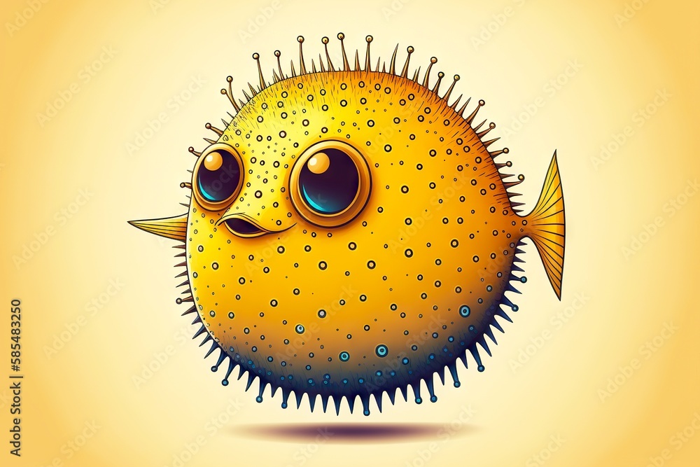 Picture swollen like ball yellow puffer fish with sharp spikes, created ... Picture swollen like ball yellow puffer fish with sharp spikes, created ...