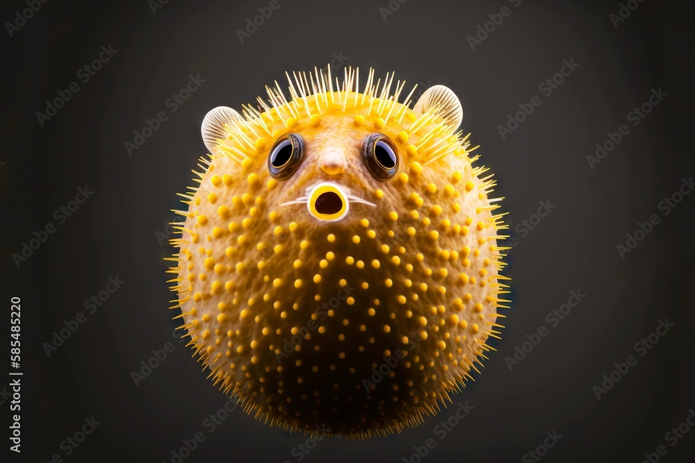 Round poisonous puffer fish with spikes all over body on dark ...