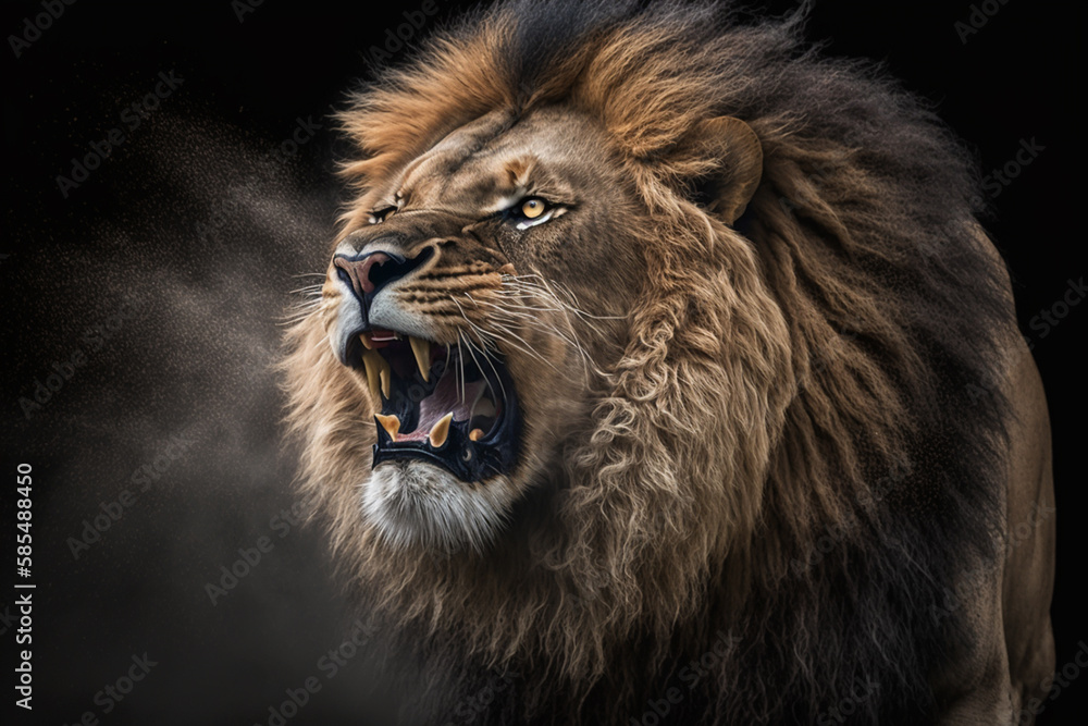 As the lion lets out a deafening roar, its powerful jaws open wide ...