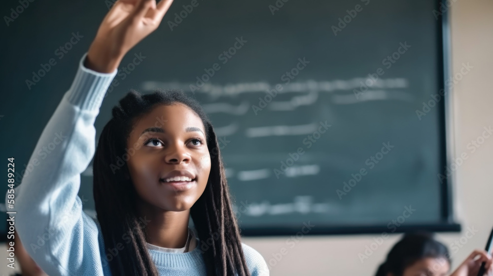 Young Black Female High School Student Raising Hand in Classroom ...