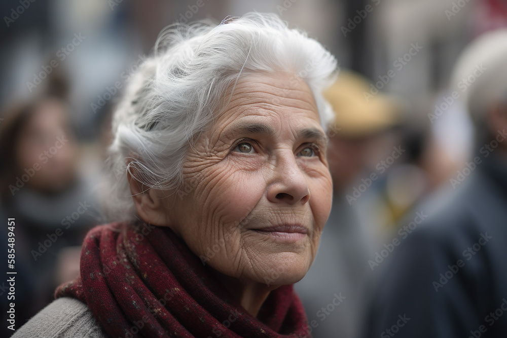 Old woman with grey hair in the crowd, gloomy sinister atmosphere ...