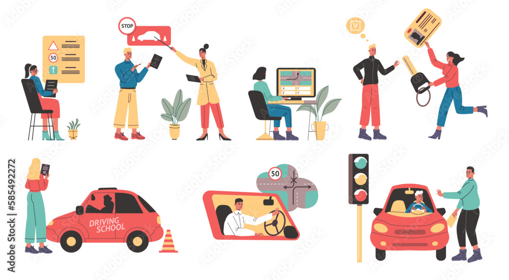 People at driving school. Drive car learning process. Instructor ...