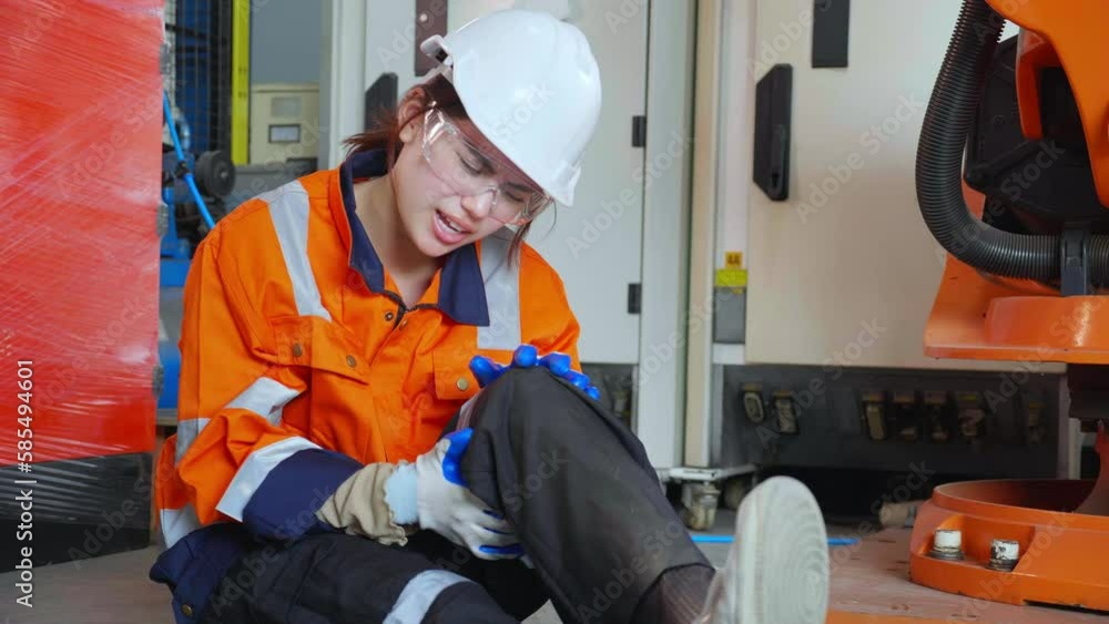 Wideo Stock: Young asian engineer woman injury with leg in factory ...