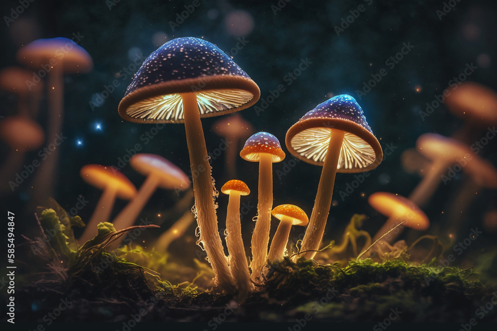 Glowing mushrooms in a mysterious forest. Bioluminescent fungi in an ...