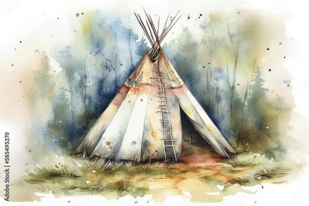 Hand drawn watercolor indigenous teepee, solitary white campground tent ...