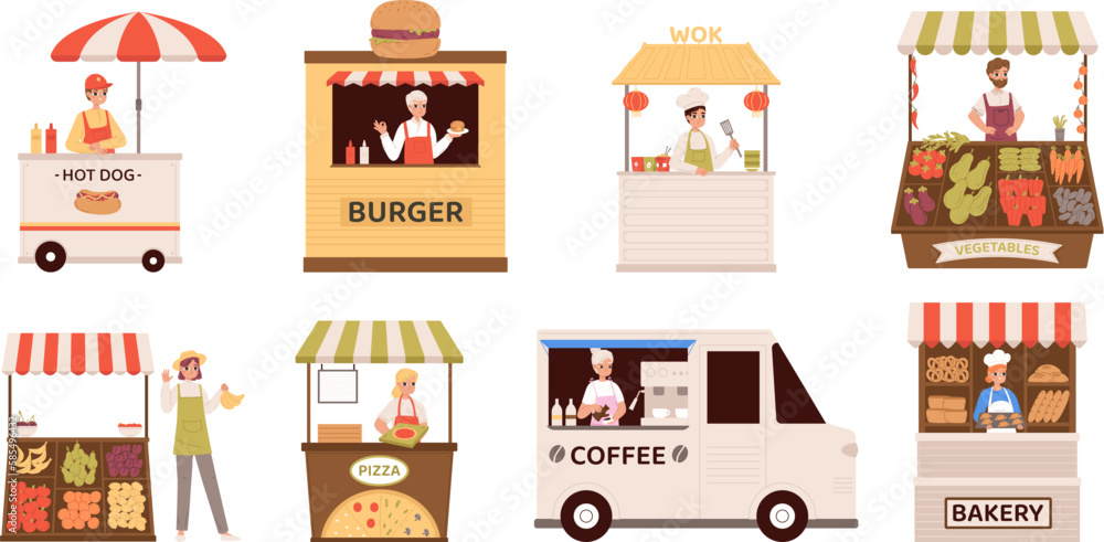 Cartoon street vendors, seller burger, coffee and hot dog. Vendor ...