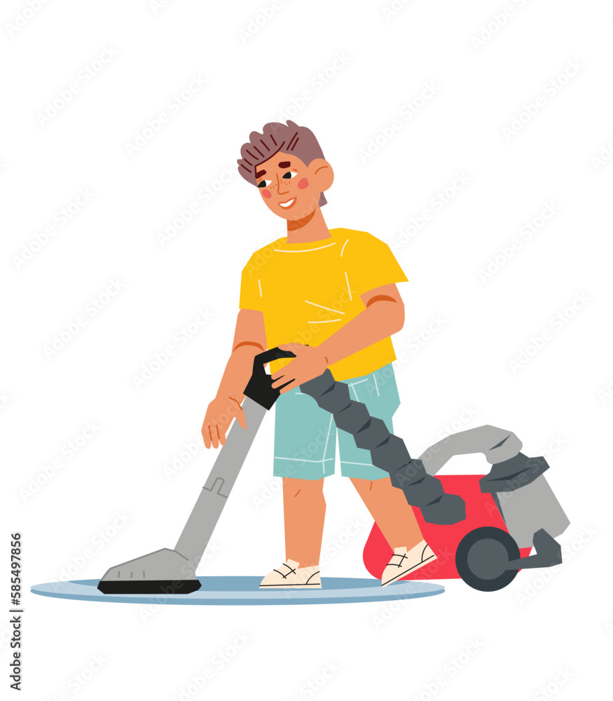 Kid helps with housework and household chores at home. Child does ...