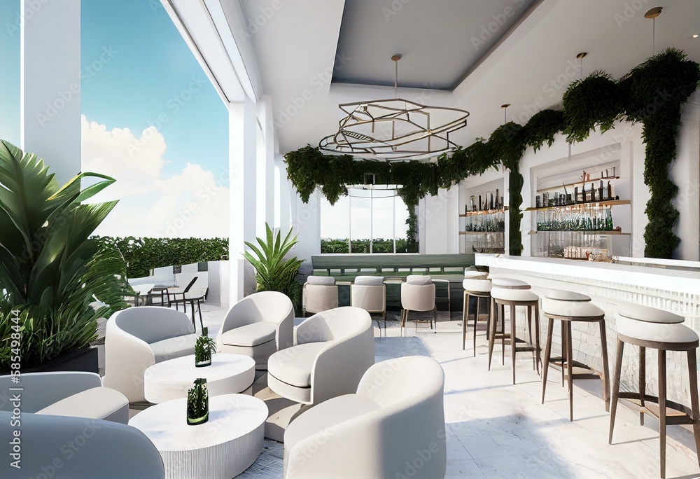 A sleek and modern rooftop bar with breathtaking city views, featuring ...