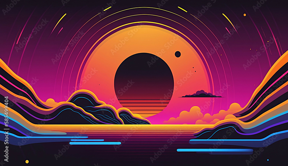 alien planet and space abstract background with circles retro neon ...