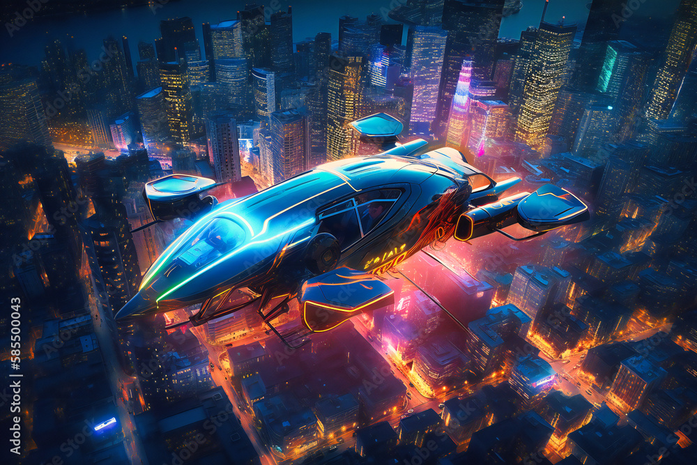 Gliding effortlessly above a city of tomorrow, the flying car soars ...