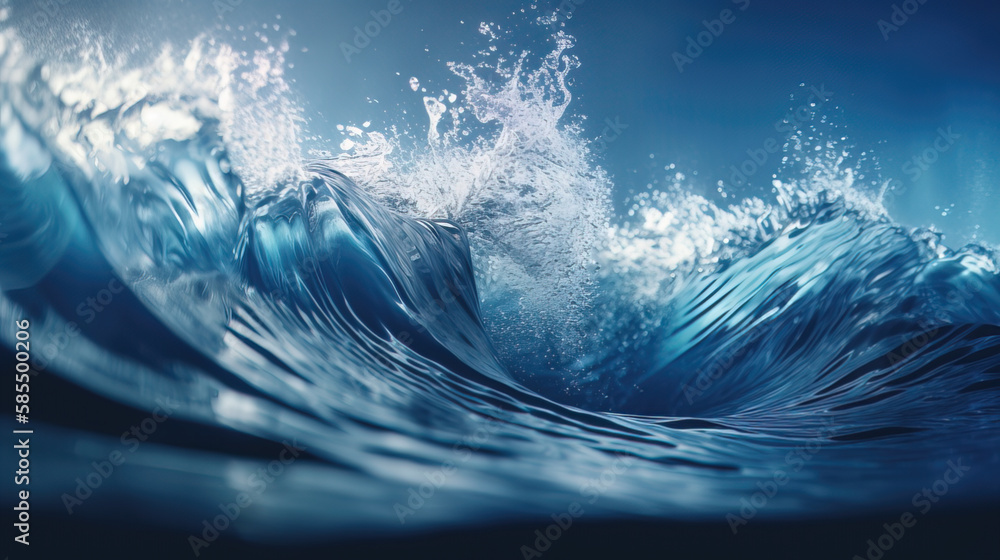 Low angle view illustration of water waves rolling up in the blue rough ...