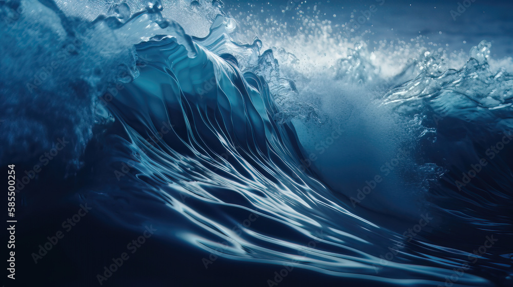 Low angle view illustration of water waves rolling up in the blue rough ocean, curved waves ...