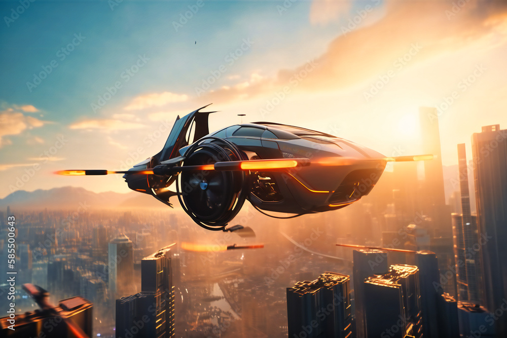 The flying car hovers majestically over the ultramodern city, its ...